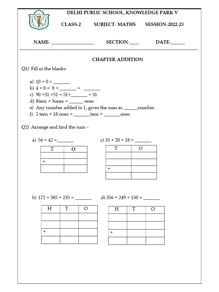 Class 2 Addition Worksheet (4) (1) | PDF
