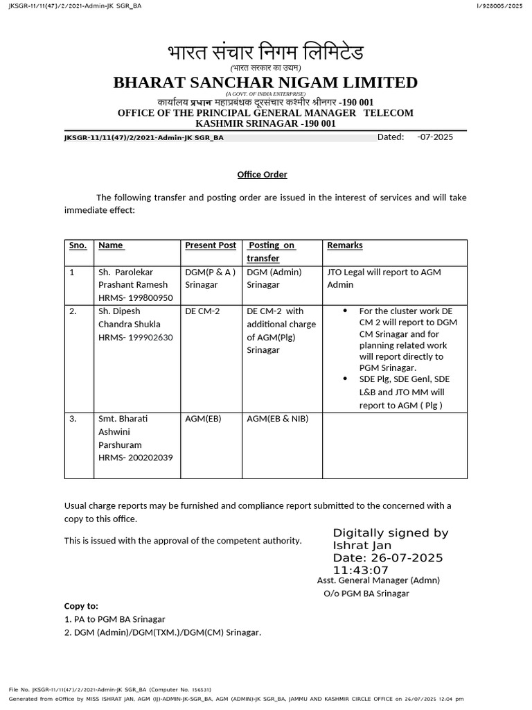 BSNL Transfer and Posting Orders | PDF