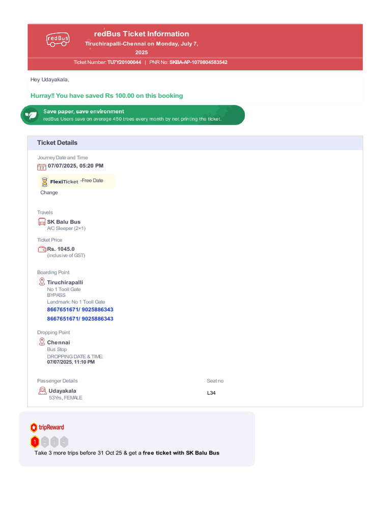 Redbus Ticket Information: Hurray!! You Have Saved Rs 100.00 On This ...