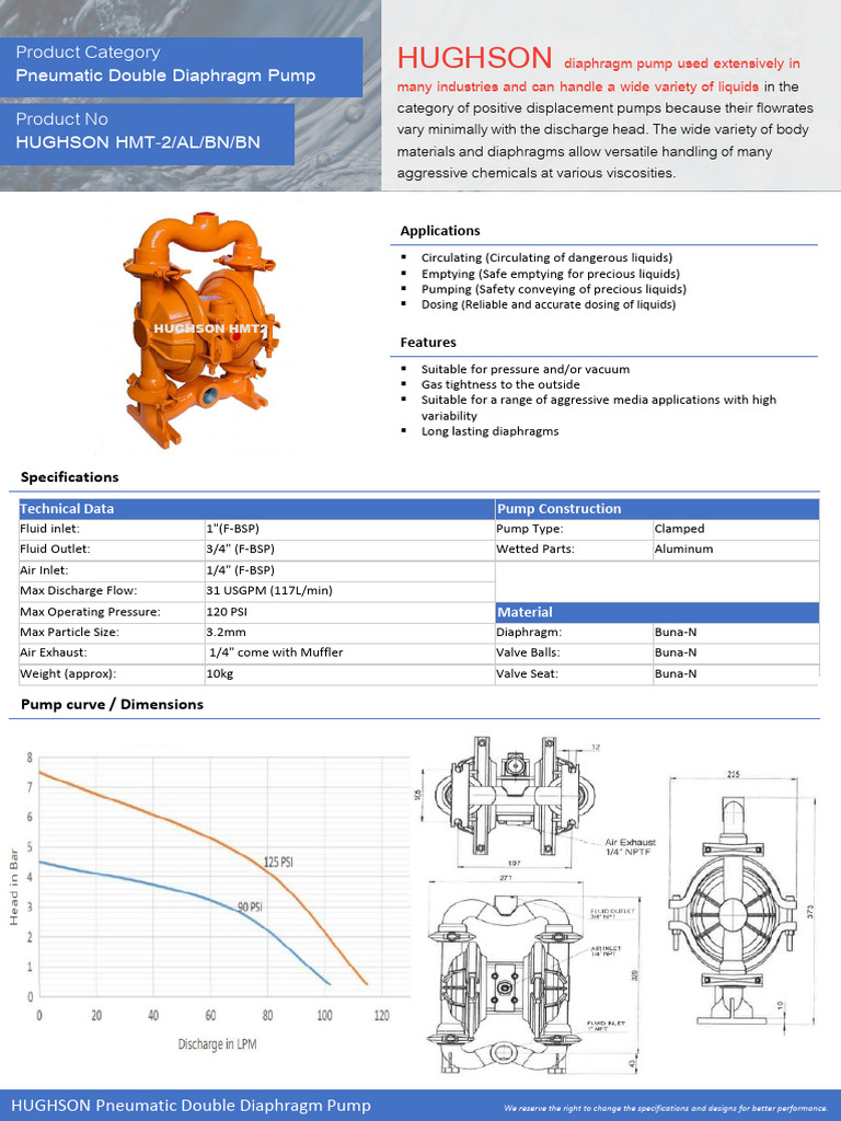 HUGHSON Pneumatic Diaphragm Pump Specs | PDF | Pump | Valve