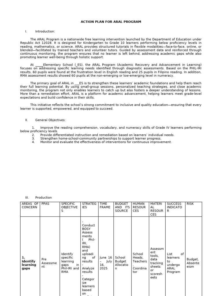 Action Plan For Aral Program | PDF | Learning | Differentiated Instruction