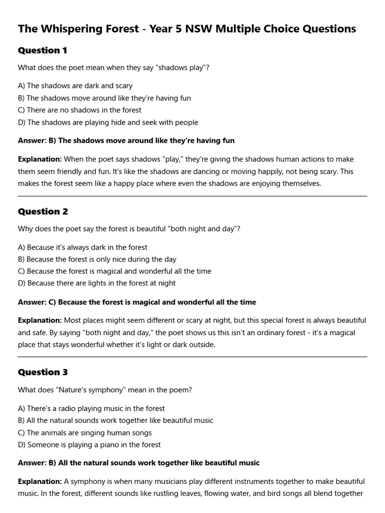 The Whispering Forest - Year 5 NSW Multiple Choice Questions | PDF