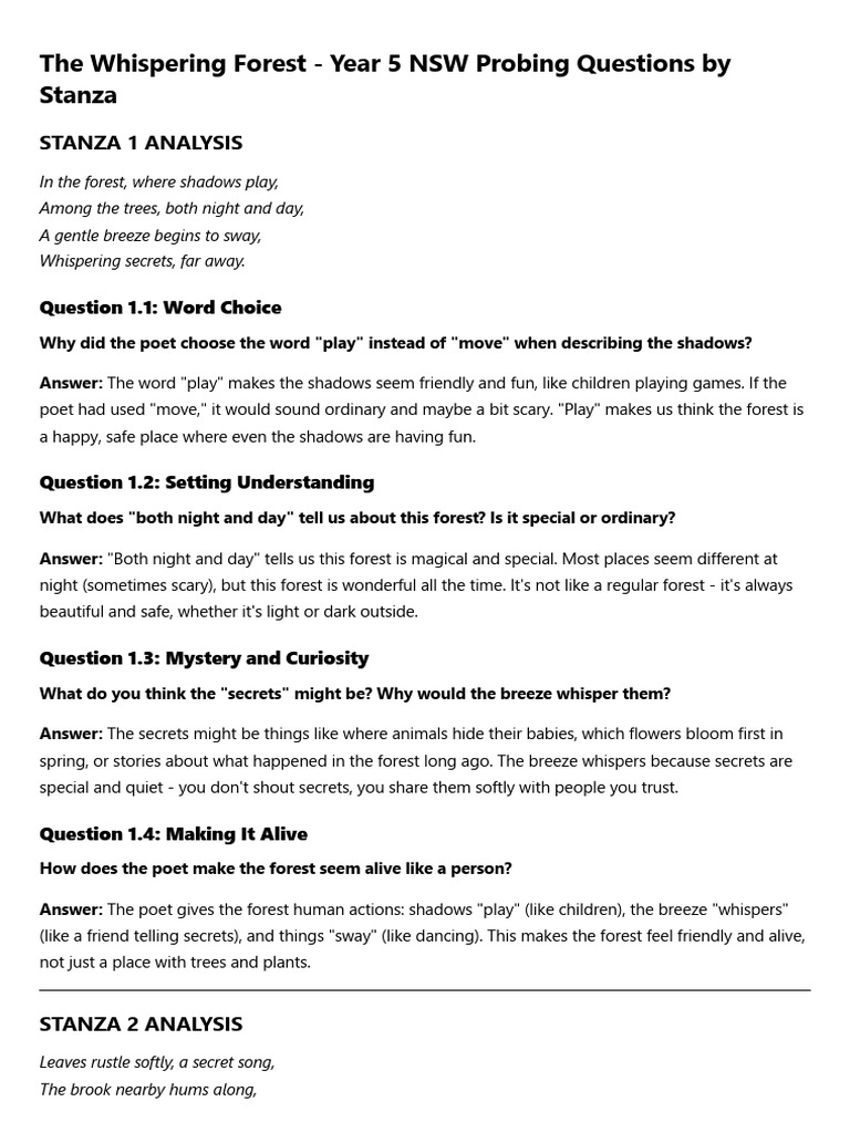 The Whispering Forest - Year 5 NSW Probing Questions | PDF