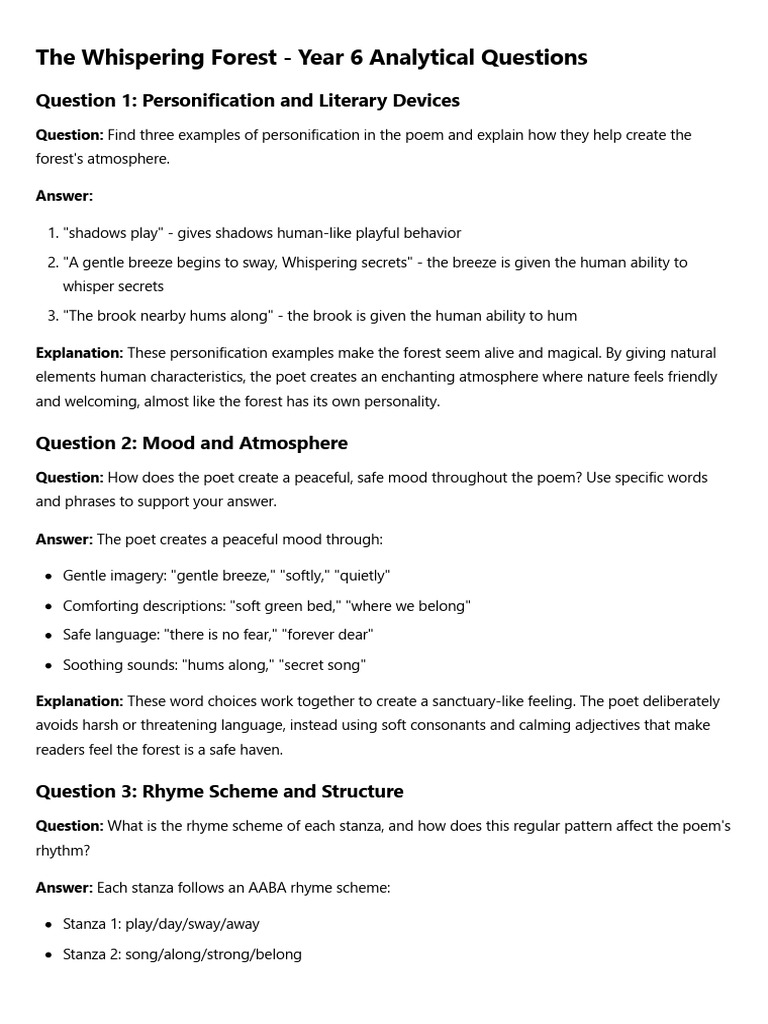 The Whispering Forest - Year 6 Analytical Questions | PDF | Poetry | Rhyme