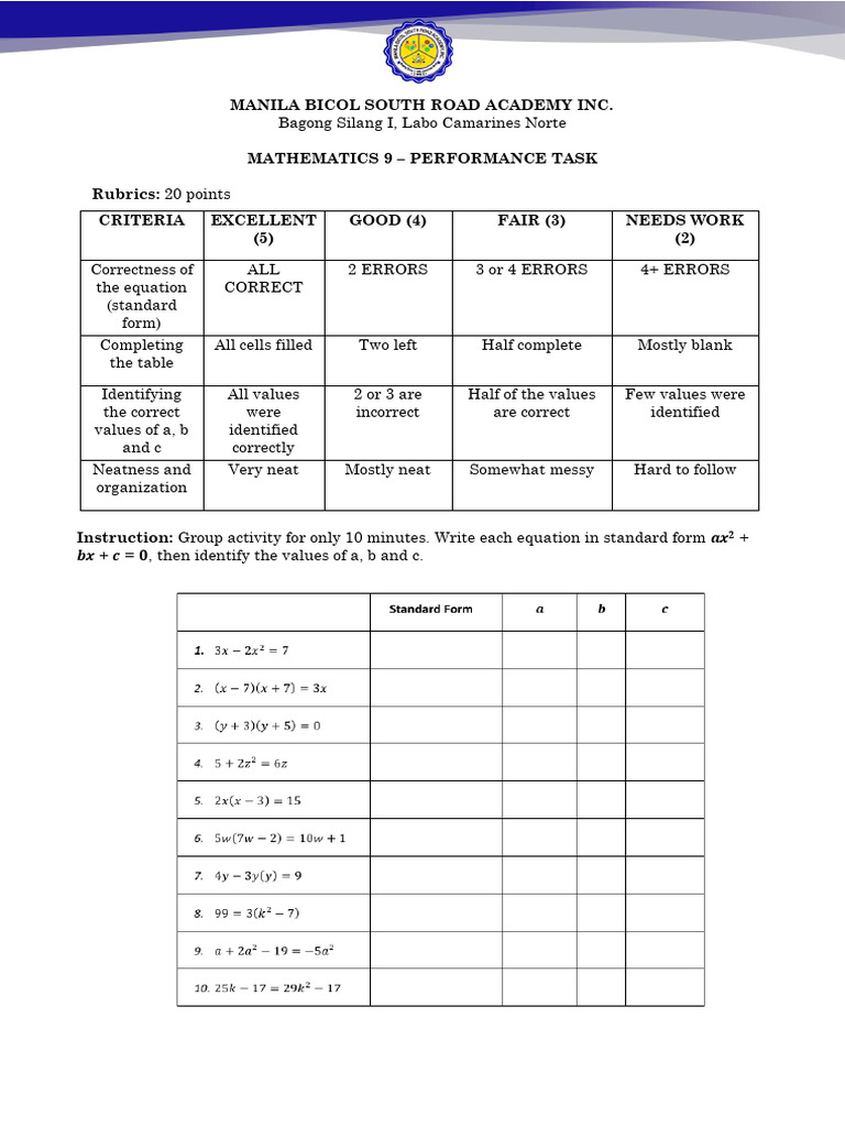 Performance Task Math9 - Removed | PDF