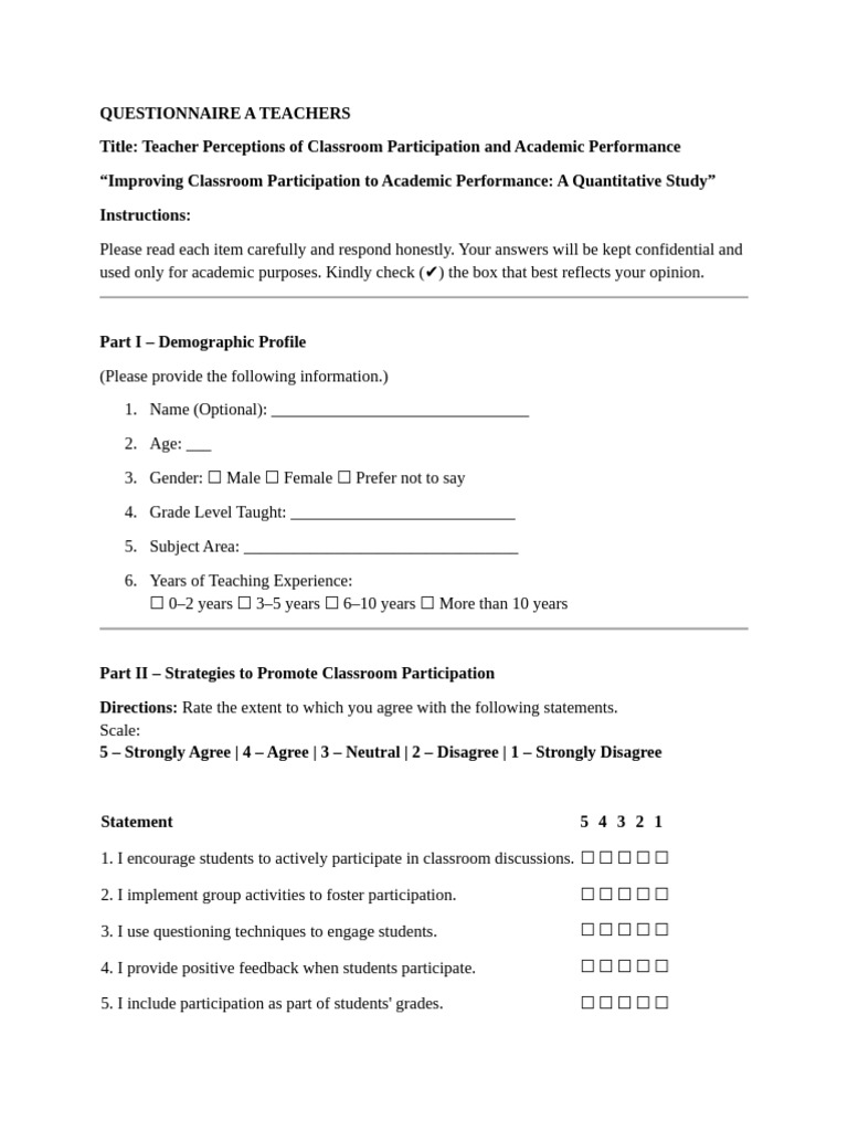 Teacher Questionnaire on Participation | PDF | Classroom | Questionnaire