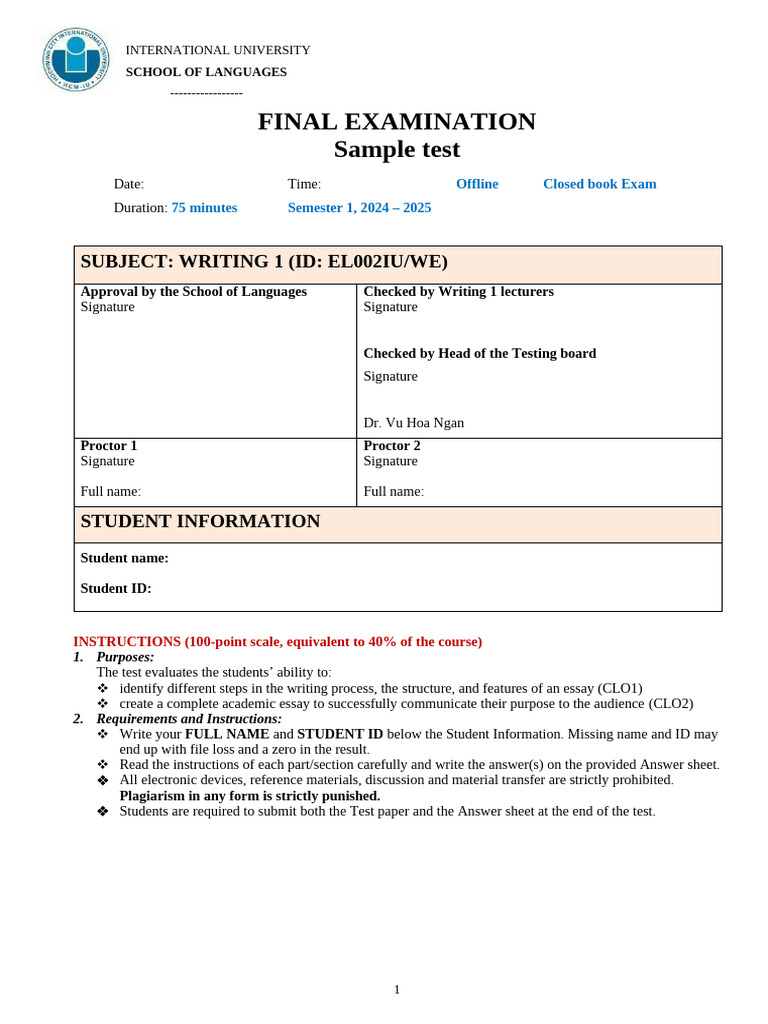 Writing 1 - Sample Test For Final Exam | PDF | Essays | Obesity