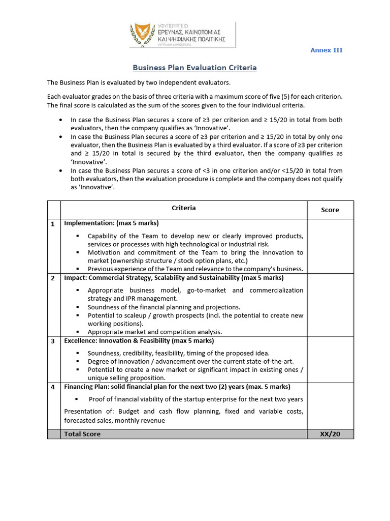 Παράρτημα III Business Plan Evaluation Criteria | PDF