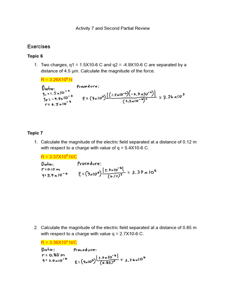 Exercise 10 and Second Partial Review | PDF | Electric Field | Electric ...