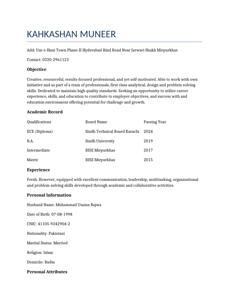 Kahkashan Muneer CV Updated | PDF