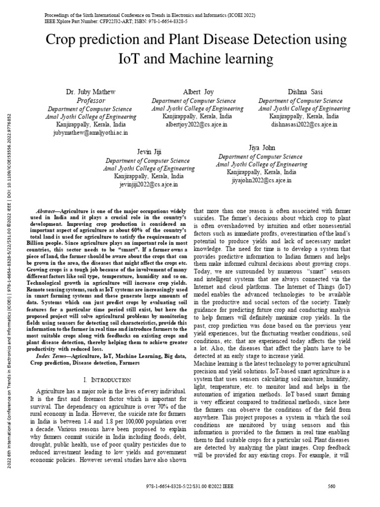Crop Prediction and Plant Disease Detection Using IoT and Machine Learning | PDF | Machine ...