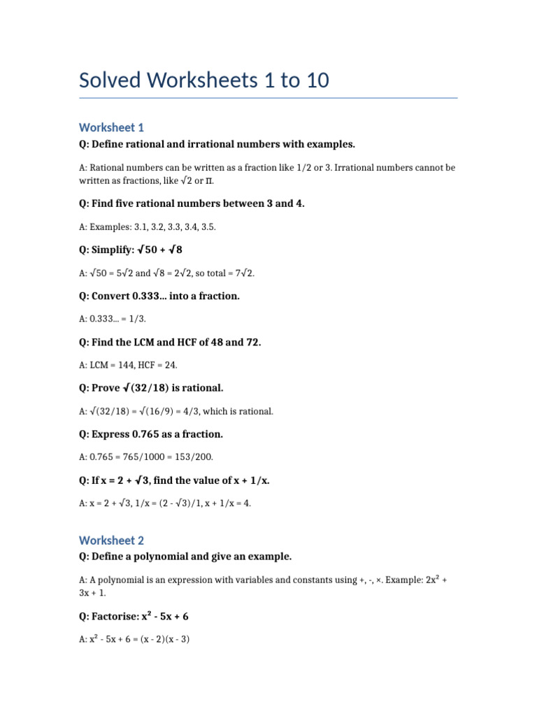 Formatted Solved Worksheets 1 To 10 | PDF