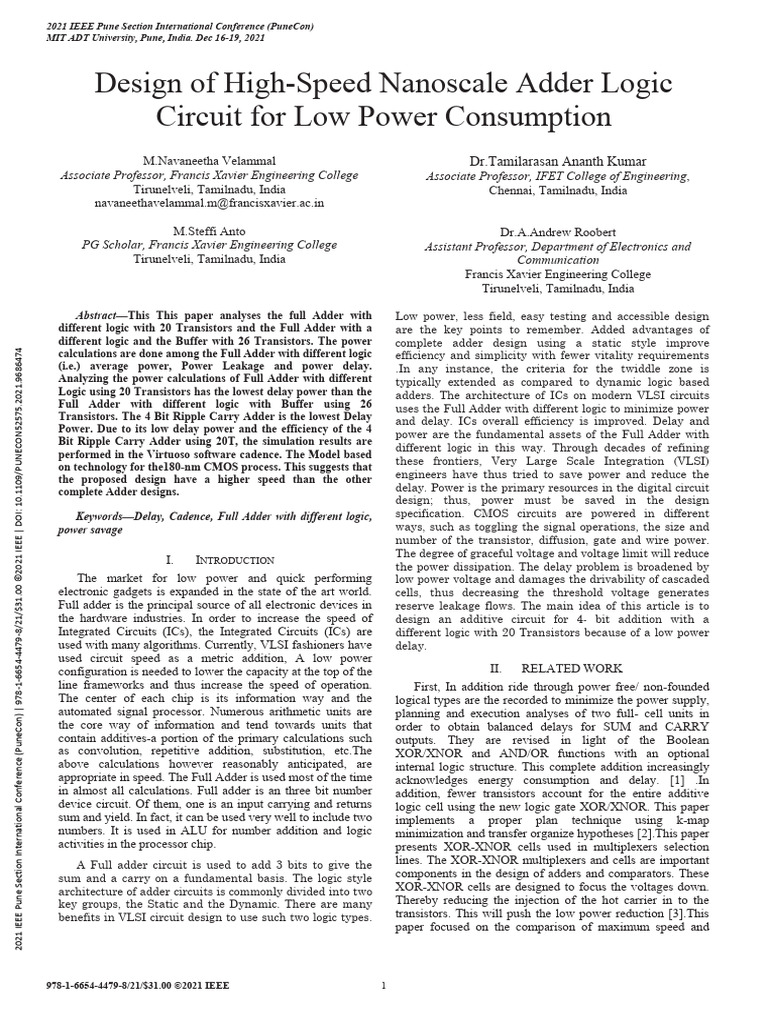 Design of High-Speed Nanoscale Adder Logic Circuit For Low Power Consumption | PDF | Logic Gate ...
