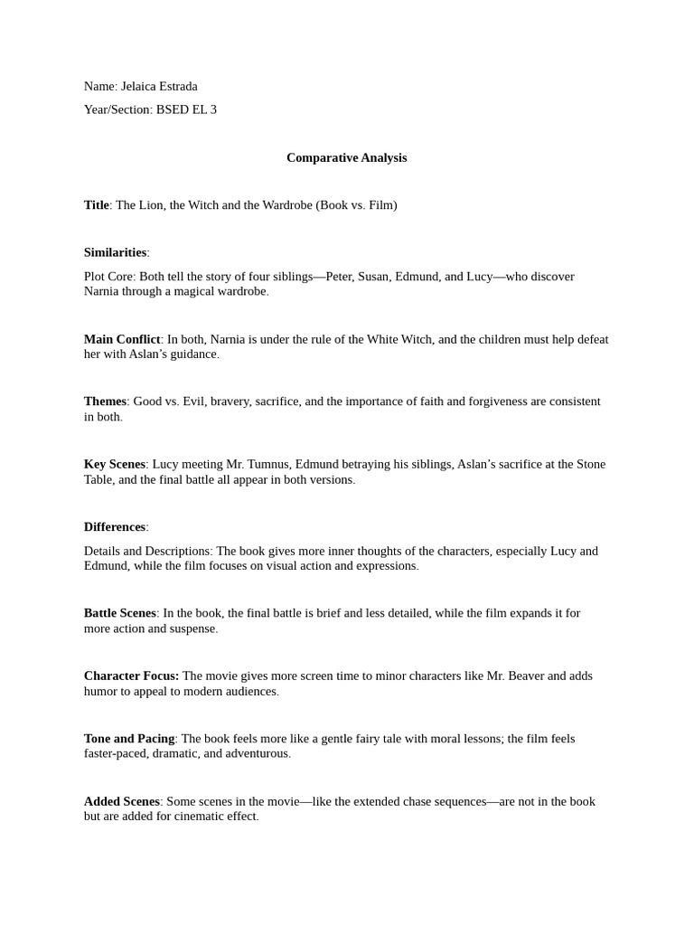 Narnia: Book vs. Film Analysis | PDF