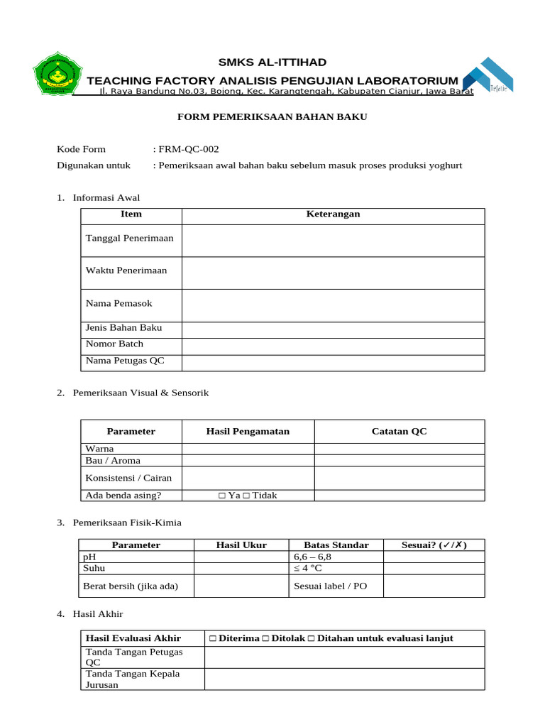 Form Pemeriksaan Bahan Baku | PDF
