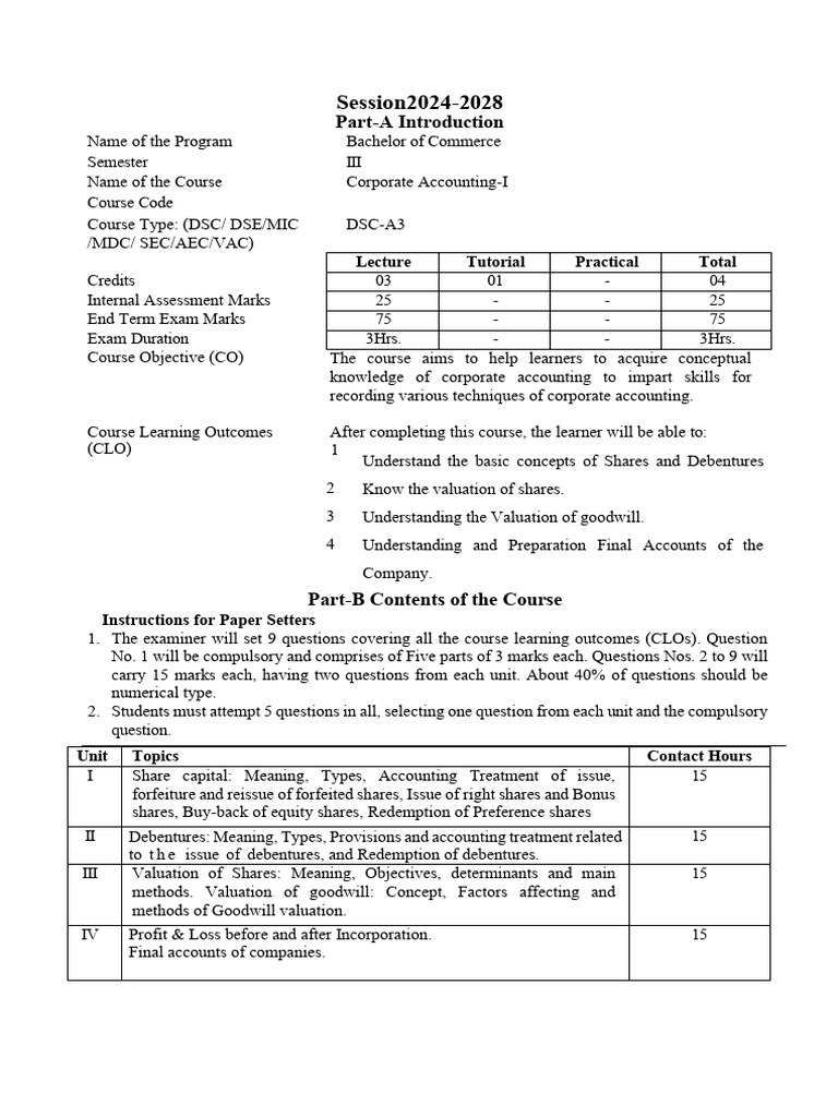 B.Com 3rd Semester Course Syllabus | PDF | Corporate Social ...