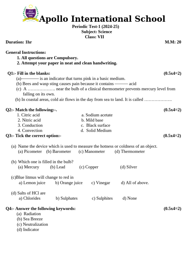 Science Periodic Test for Class VII | PDF | Acid | Chemical Substances