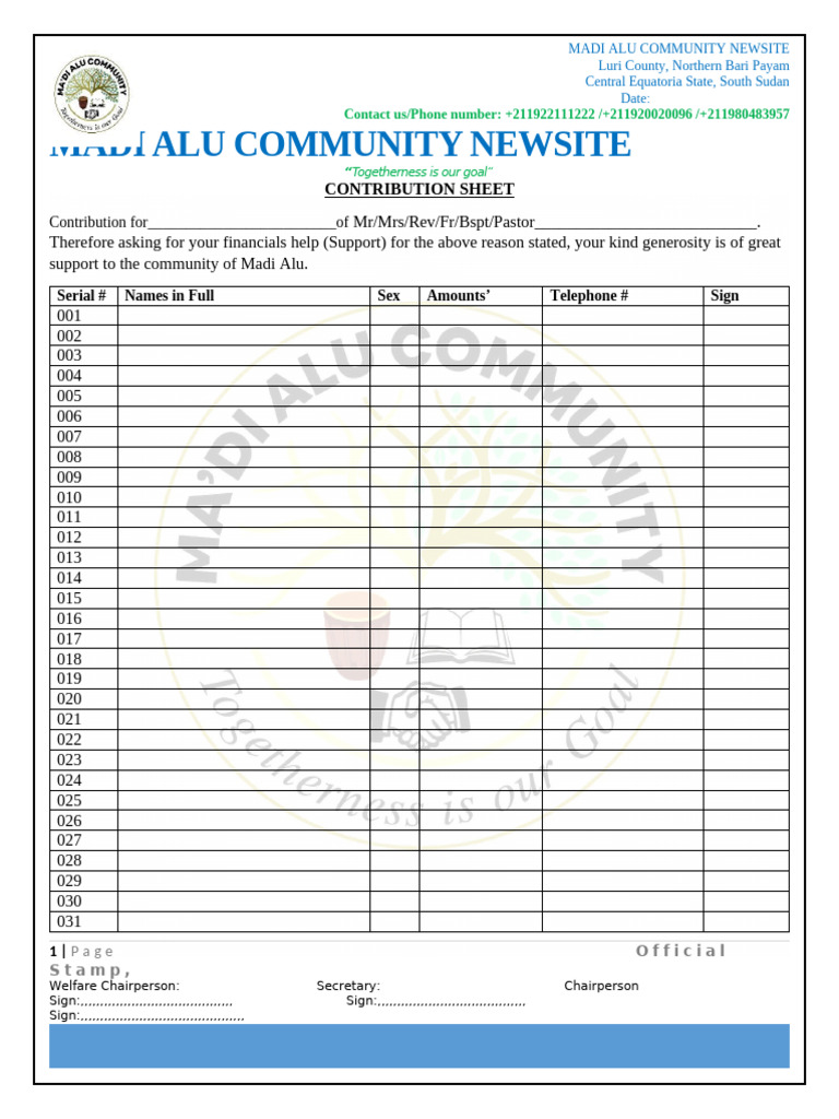 Madi Alu Community Contribution Sheet | PDF | South Sudan