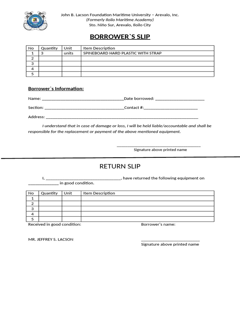 Borrower's Slip Form Template | PDF