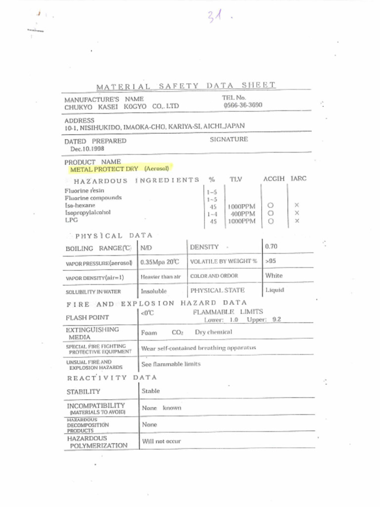 21 - MSDS Metal Protect Dry | PDF