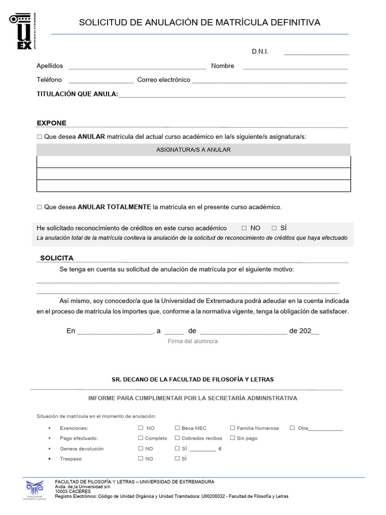 Solicitud de Anulacion de Matricula 2024 Solo Pie | PDF