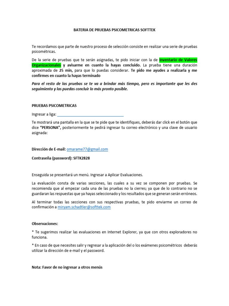 Bateria de Pruebas Psicometricas Softtek | PDF