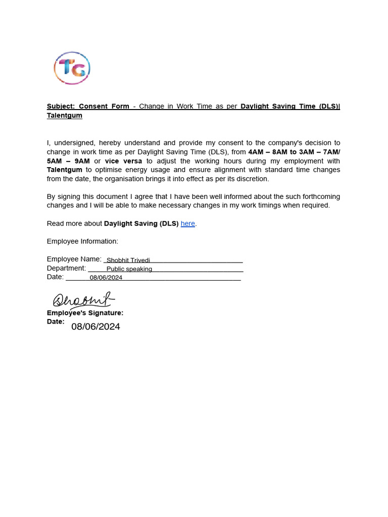 Consent Form - Daylight Saving Time (DLS) - Talentgum | PDF