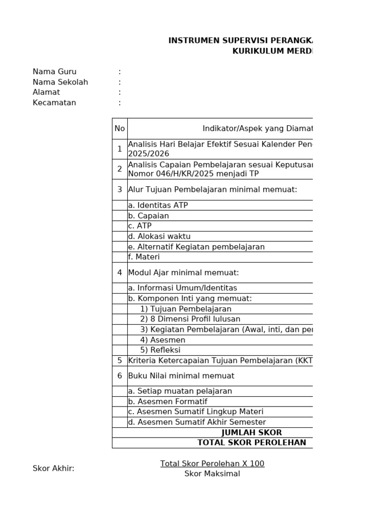Instrumen Supervisi 2025 2026 OK 04082025 | PDF