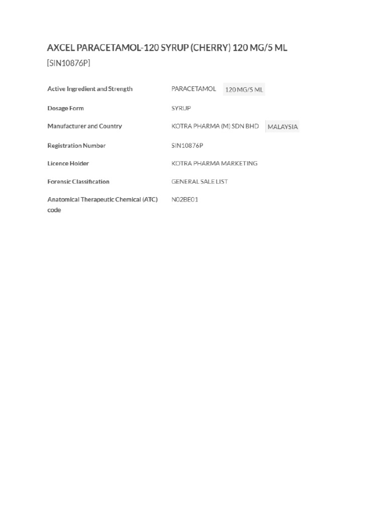 Axcel Paracetamol-120 Syrup (Cherry) 120 MG - 5 ML (Sin10876p) | PDF