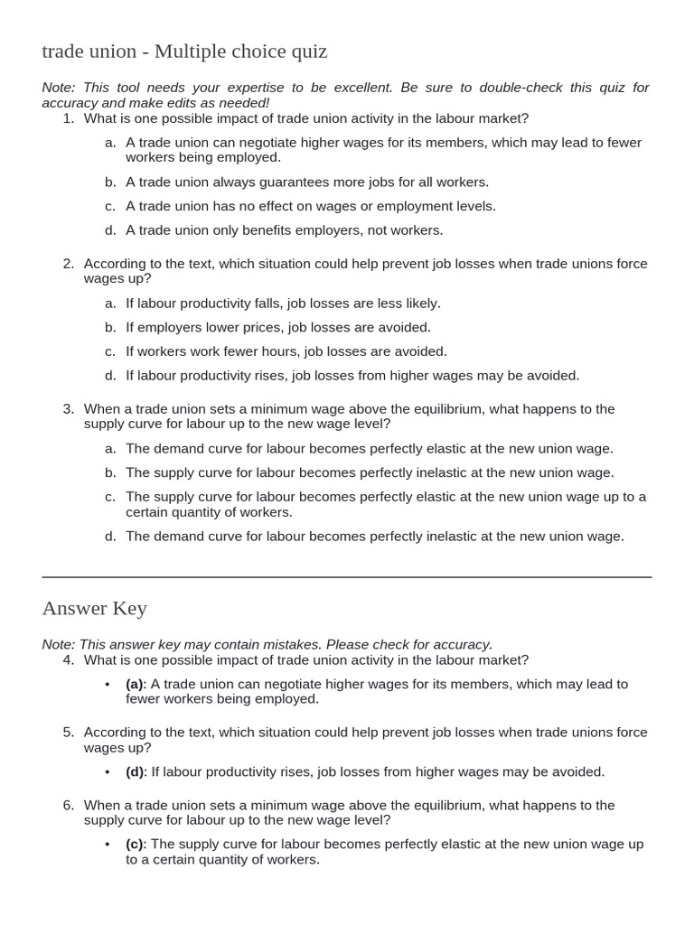Trade Union Impact Quiz: Test Your Knowledge | PDF