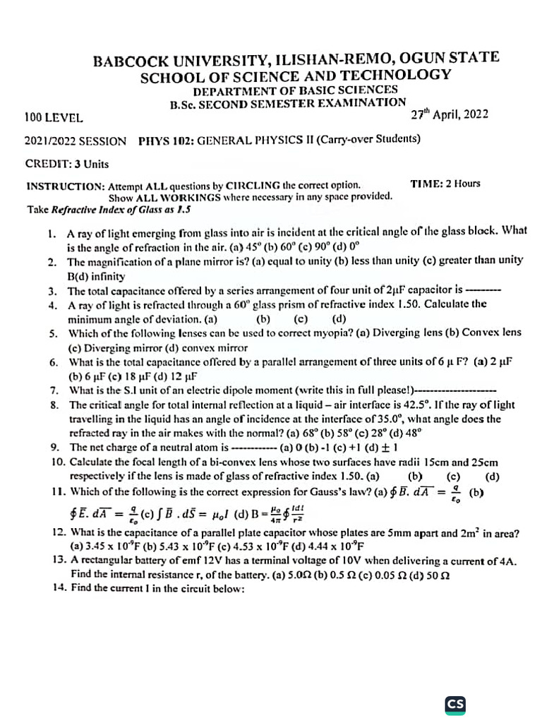 Phy 102 Summer Exam21-22 | PDF