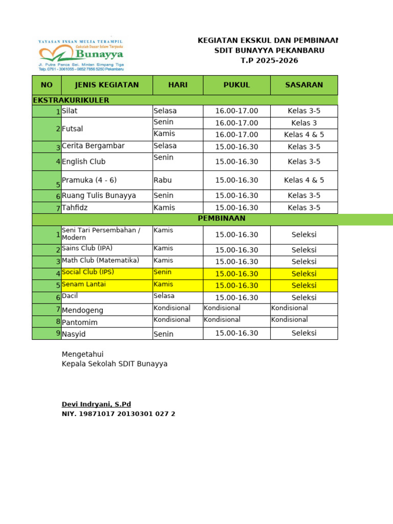 Jadwal Ekskul T.A 2025-2026 | PDF