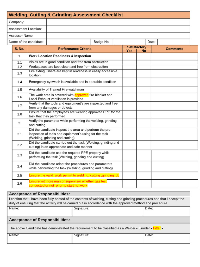 Welding & Cutting Safety Checklist | PDF | Welding | Construction