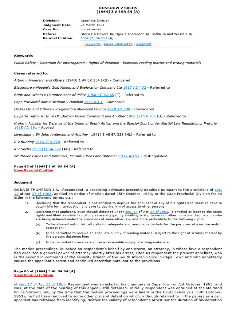 Rossouw V Sachs (1964) 3 All Sa 84 (A) | PDF | Arrest | Public Law
