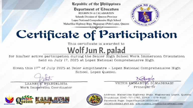 Work Immersion Orientation Program E-Certificate | PDF