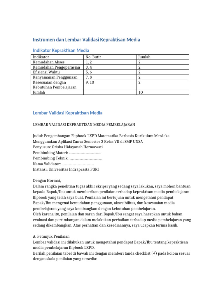 Instrumen Dan Lembar Validasi Kepraktisan Media | PDF