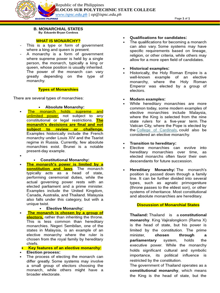 Types of Monarchies Lesson 2 | PDF | Monarchy | Monarch