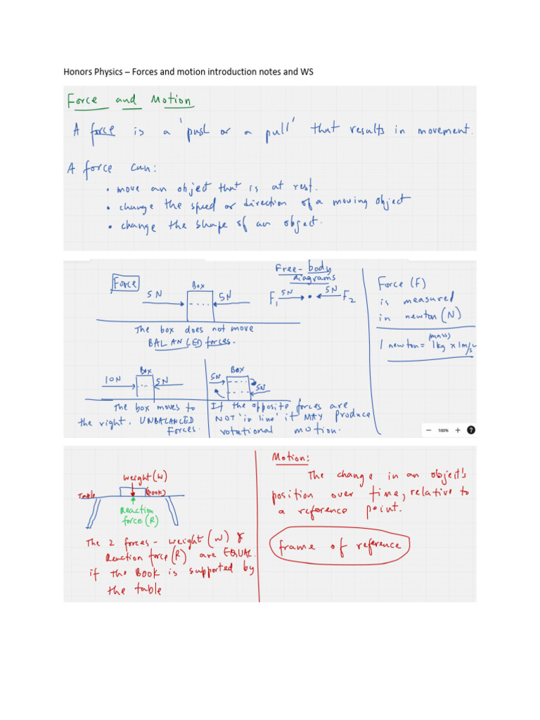 Honors Physics - Forces and Motion Introduction Notes and WS | PDF
