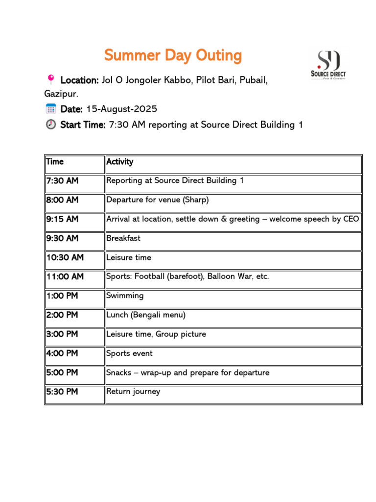 Summer Day Outing Itinerary 2025 | PDF