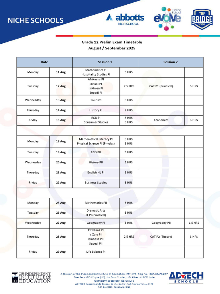 Grade 12 Prelim Exam Timetable 2025 | PDF