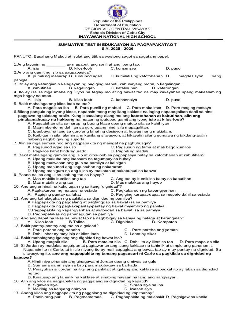 ESP Q1 EXAM | PDF