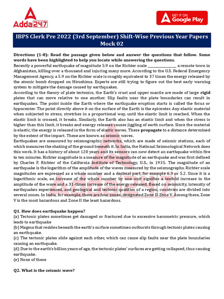 IBPS Clerk Pre 2022 Question Paper Insights | PDF | Earthquakes ...