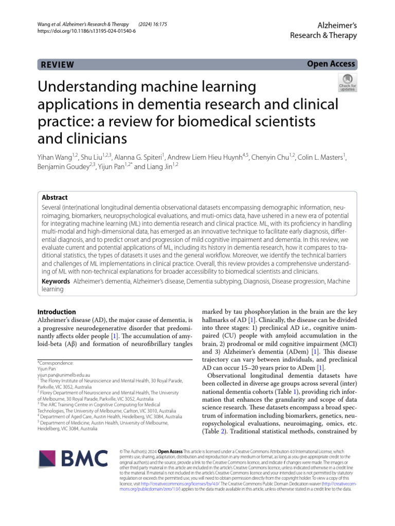 Understanding Machine Learning Applications in Dementia Research and Clinical Practice A Review ...