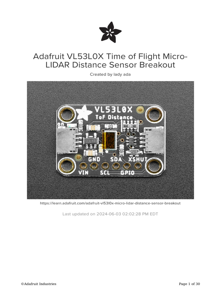 Adafruit Vl53l0x Micro Lidar Distance Sensor Breakout | PDF | Arduino ...