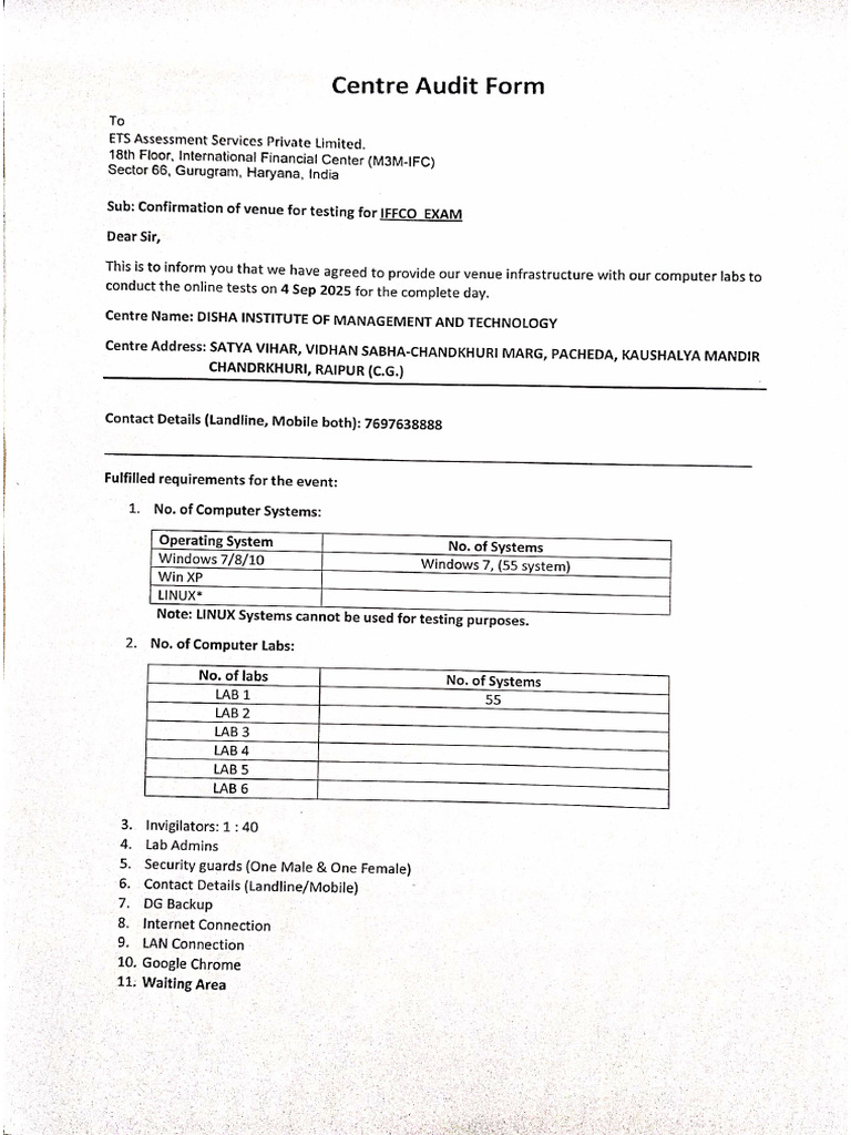 Centre Audit Form | PDF