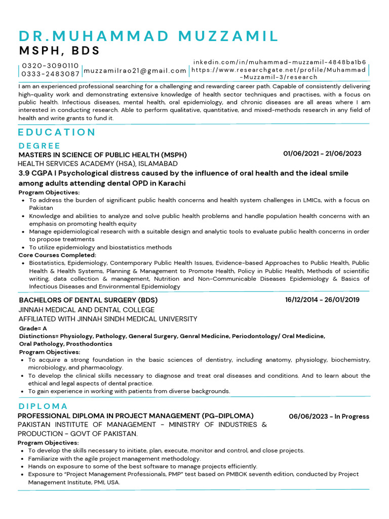 DR Muhammad Muzzamil CV | PDF | Public Health | Dentistry