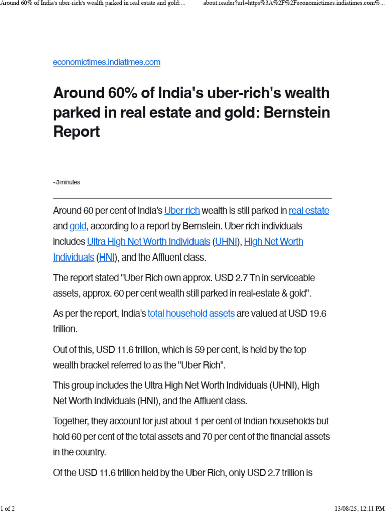 Around 60 - of India's Uber-Rich's Wealth Parked in Real Estate and Gold - Bernstein Report ...