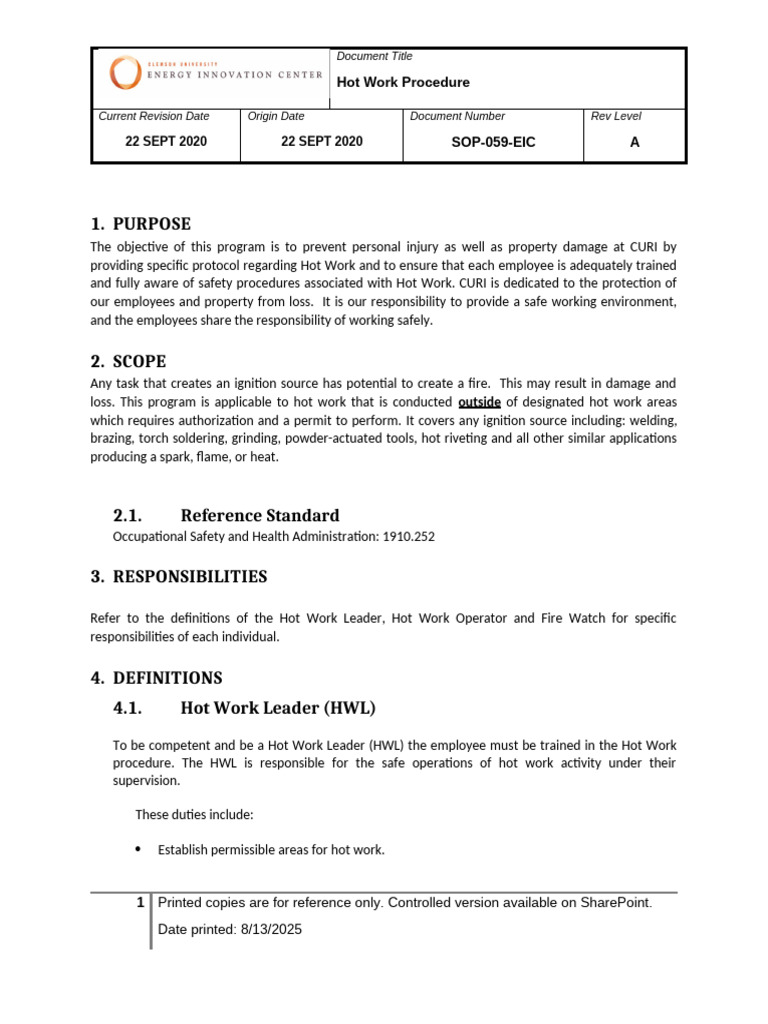 Hot Work Safety Procedure SOP-059-EIC | PDF | Fires | Fire Safety