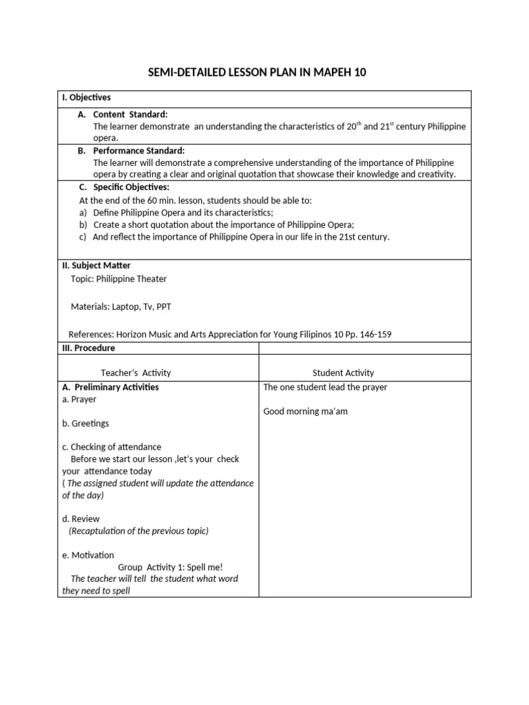 Philippine Opera Lesson Plan for MAPEH 10 | PDF | Lesson Plan | Teachers