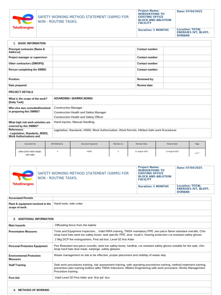 SWMS for Durban Office Renovations | PDF | Personal Protective ...